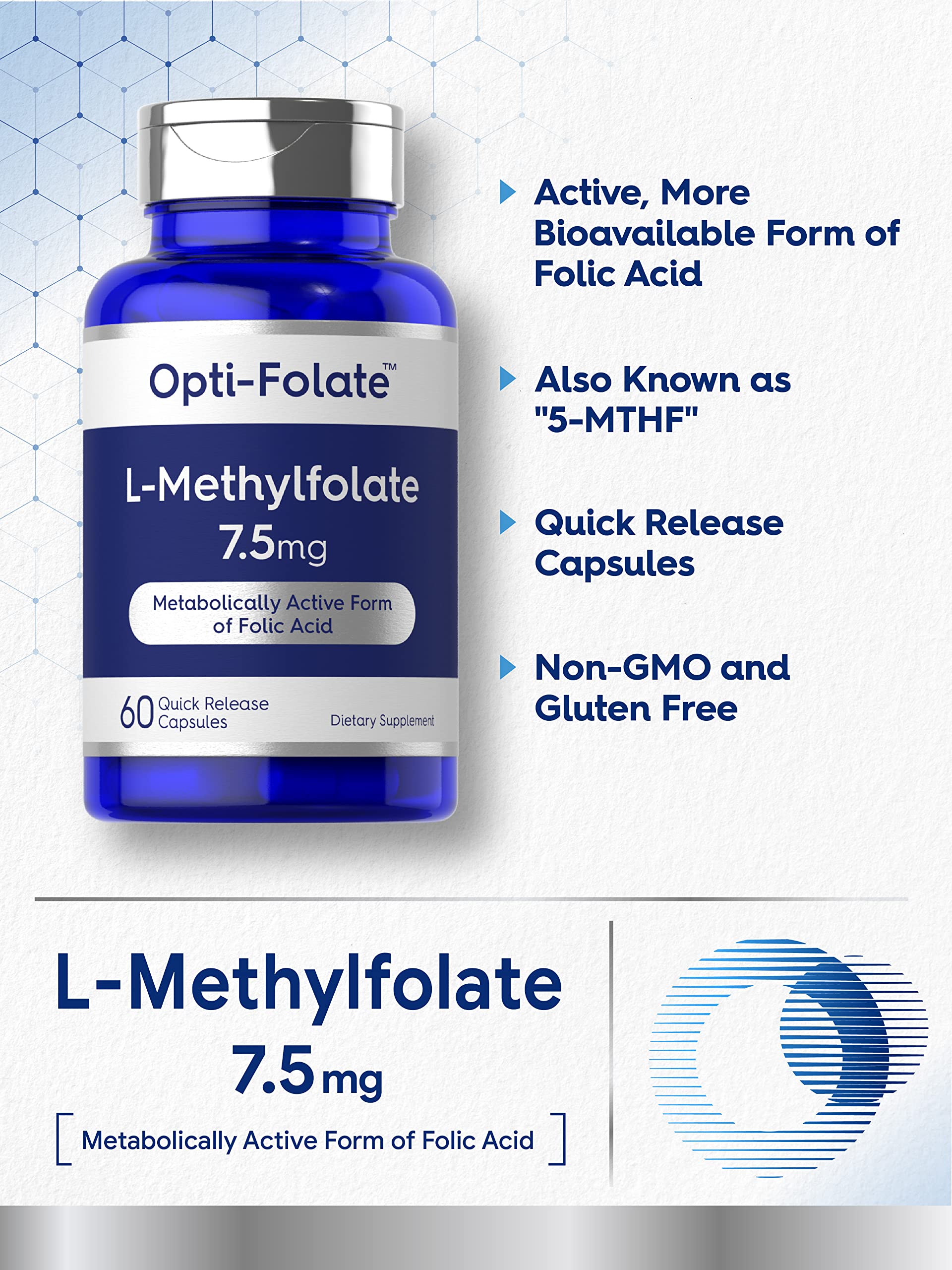 Carlyle L Methylfolate 7.5 mg | 60 Capsules | Optimized and Activated | Non-GMO, Gluten Free | Methyl Folate, 5-MTHF | by Opti-Folate