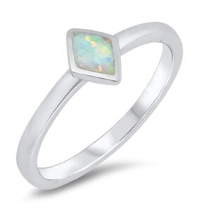 white simulated opal diamond-shape simple ring .925 sterling silver band size 4