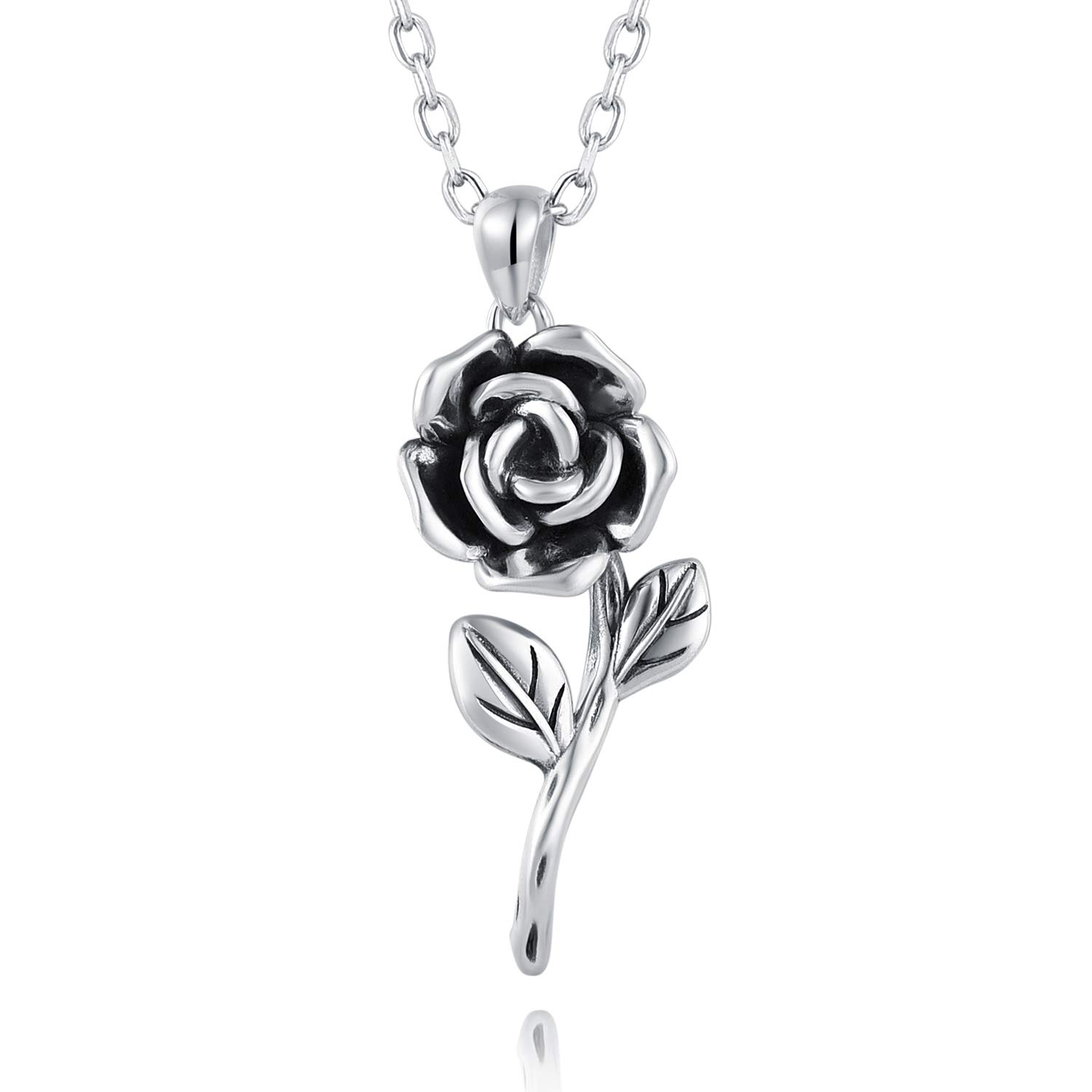 925 Sterling Silver Rose Flower Necklace I Love You Forever Necklaces Jewelry Gifts for Wife Mom Women Her (Black rose flower necklace)