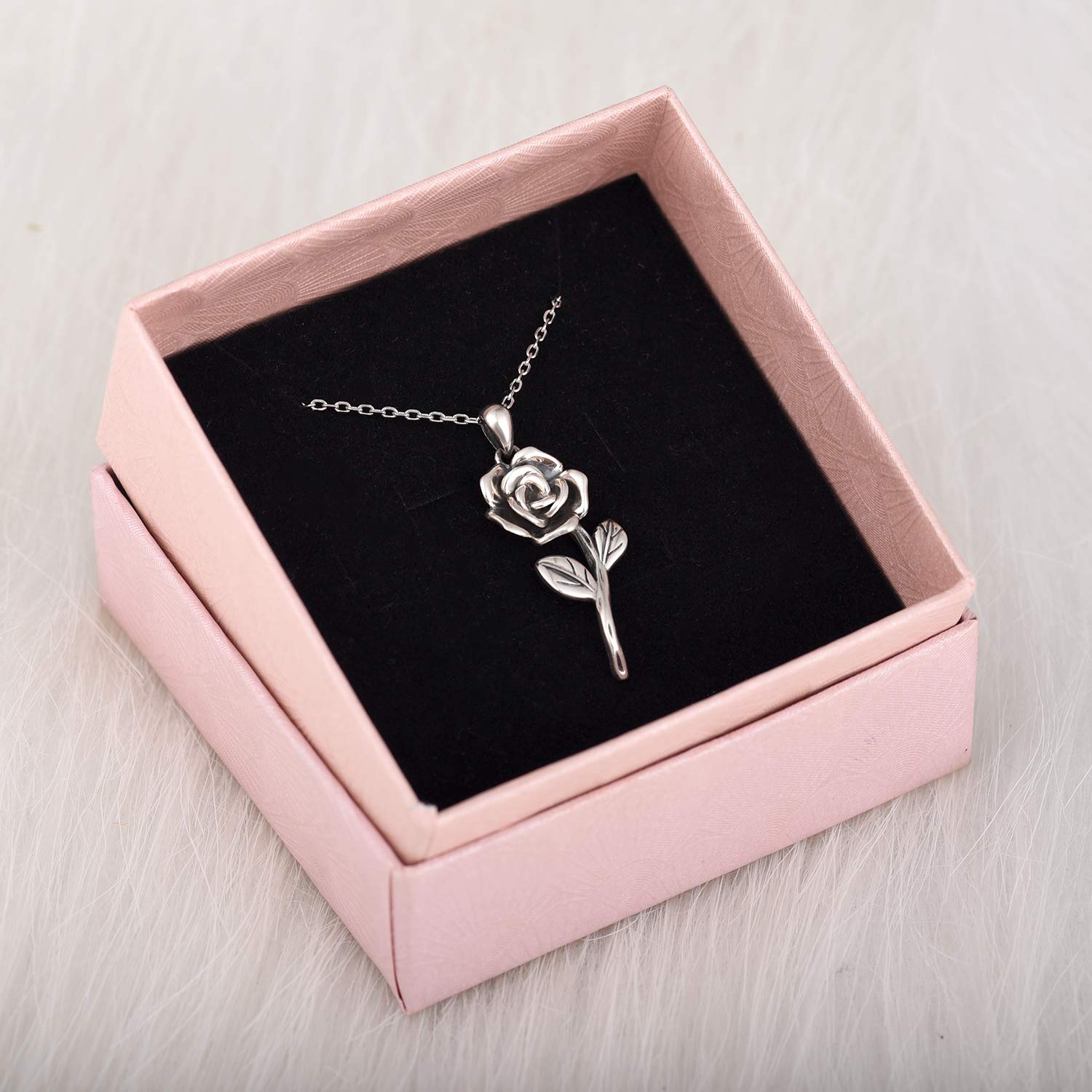 925 Sterling Silver Rose Flower Necklace I Love You Forever Necklaces Jewelry Gifts for Wife Mom Women Her (Black rose flower necklace)