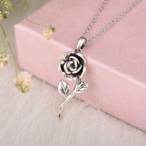 925 Sterling Silver Rose Flower Necklace I Love You Forever Necklaces Jewelry Gifts for Wife Mom Women Her (Black rose flower necklace)