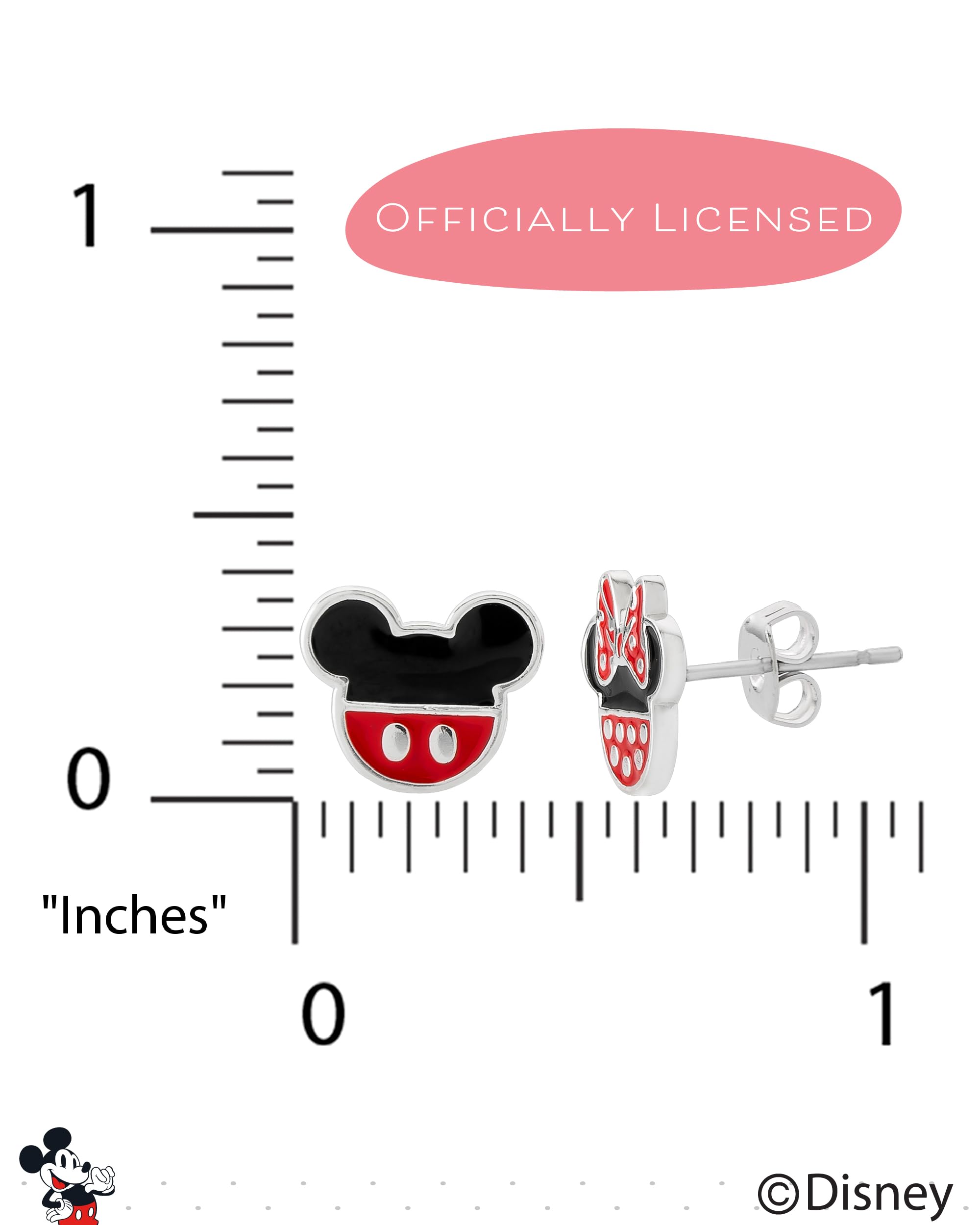 Disney Mickey Mouse and Minnie Mouse Mismatched Stud Earrings for Girls, Silver Plated, Officially Licensed