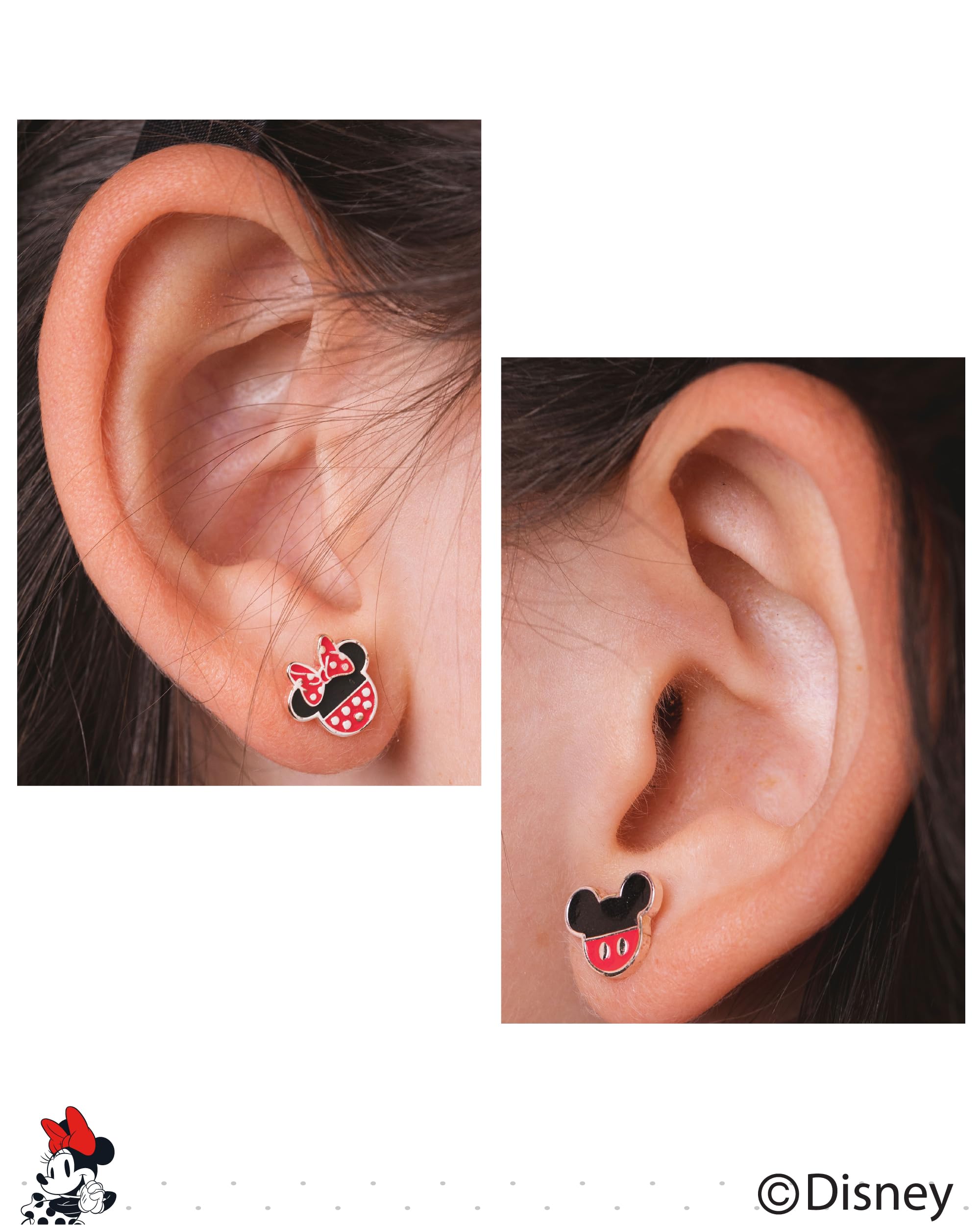 Disney Mickey Mouse and Minnie Mouse Mismatched Stud Earrings for Girls, Silver Plated, Officially Licensed