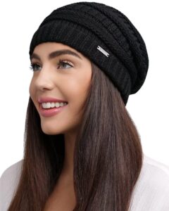 women’s soft warm stretchy trendy chunky knit beanie - stylish cable knit beanie skully for fall winter weather black