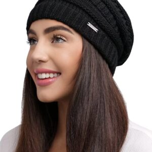 Women’s Soft Warm Stretchy Trendy Chunky Knit Beanie - Stylish Cable Knit Beanie Skully for Fall Winter Weather Black