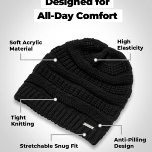 Women’s Soft Warm Stretchy Trendy Chunky Knit Beanie - Stylish Cable Knit Beanie Skully for Fall Winter Weather Black