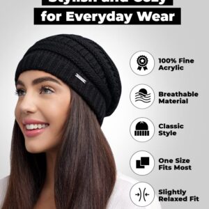 Women’s Soft Warm Stretchy Trendy Chunky Knit Beanie - Stylish Cable Knit Beanie Skully for Fall Winter Weather Black