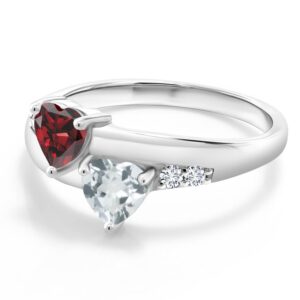 Gem Stone King 925 Sterling Silver Red Garnet Sky Blue Aquamarine and Lab Grown Diamond Ring For Women (1.01 Cttw, Heart Shape 5MM, Available in size 5, 6, 7, 8, 9)