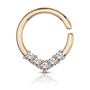 5 cz set v shaped on round bendable cut ring for cartilage, tragus, septum, and more (rose gold)