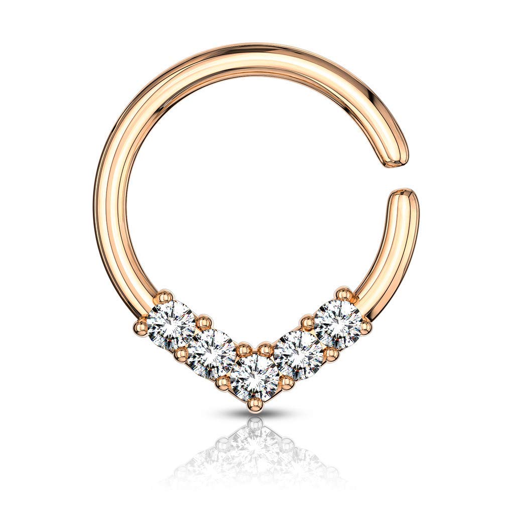 5 CZ Set V Shaped on Round Bendable Cut Ring for Cartilage, Tragus, Septum, and More (Rose Gold)