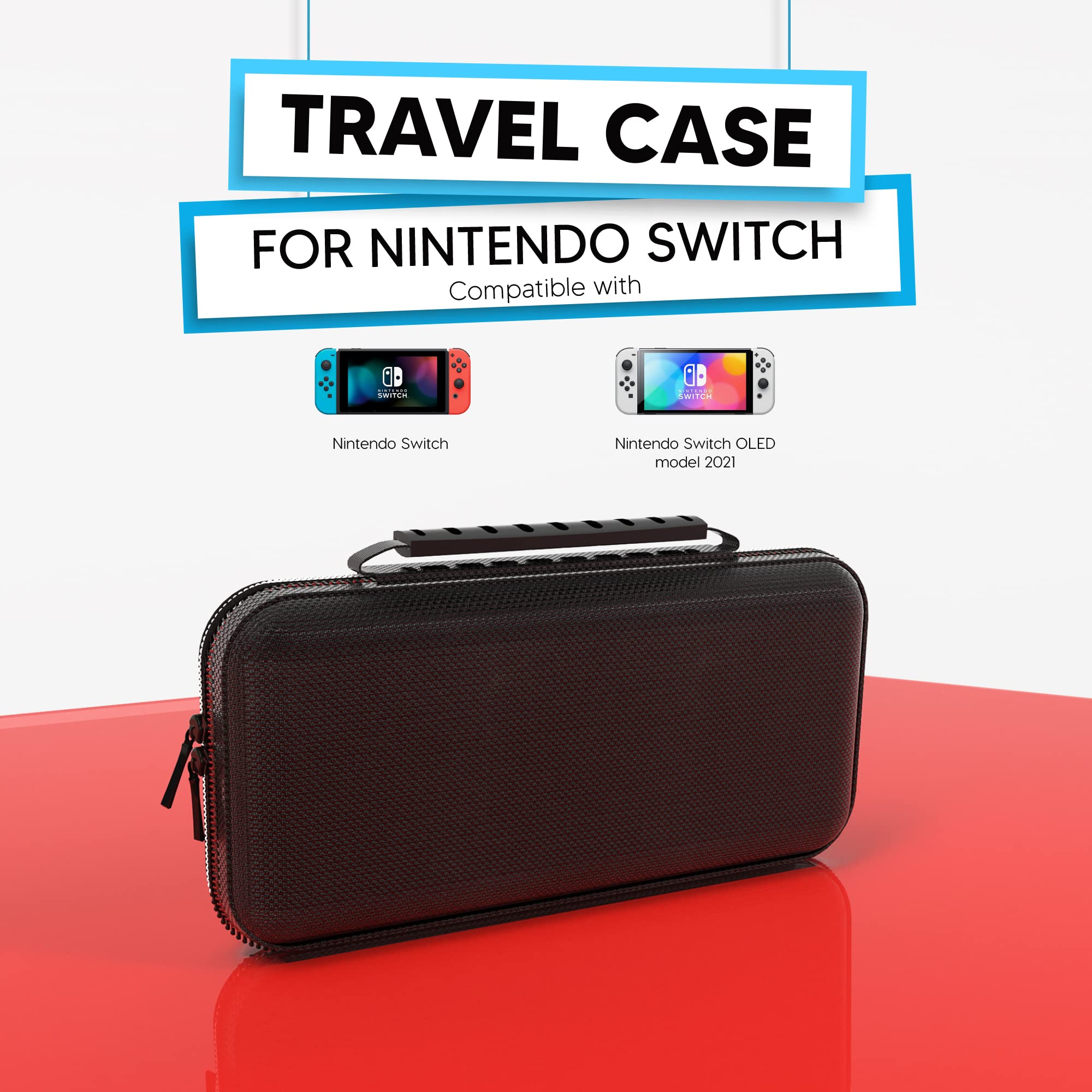 TALK WORKS Travel Case for Nintendo Switch Carrying Case Storage, Durable Dual Zippers, Rugged Handle, Side Pocket Divider Sleeve (Includes 2 Game Card Holder Cases - Holds up to 8 Game Cards)