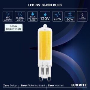 LUXRITE G9 LED Bulb Dimmable 4.5W, 50 Watt T4 G9 Halogen Equivalent, 5000K Bright White, 450 Lumens, Glass G9 Bi Pin Base, 320° Beam Angle, ETL Listed (5 Pack)