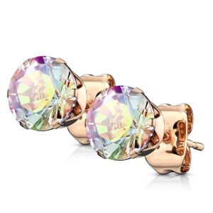 amelia fashion pair rose gold round aurora borealis cz earring studs 316l surgical stainless steel (aurora borealis 6mm)