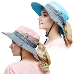 muryobao womens outdoor sun hat ponytail uv protection wide brim mesh foldable safari beach fishing bucket cap 2 pack pink & blue