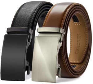 chaoren leather ratchet belts 2 pack, ultra soft mens dress belt, black & brown belt 1 3/8" in gift box, effortlessly stynish