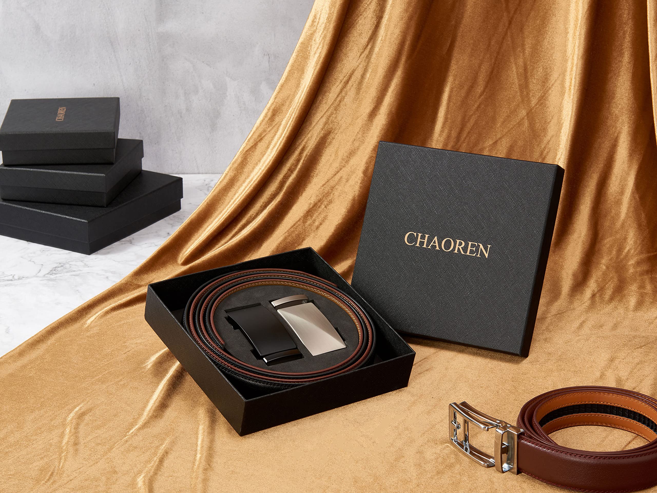 CHAOREN Leather Ratchet Belts 2 Pack, Ultra Soft Mens Dress Belt, Black & Brown Belt 1 3/8" in Gift Box, Effortlessly Stynish