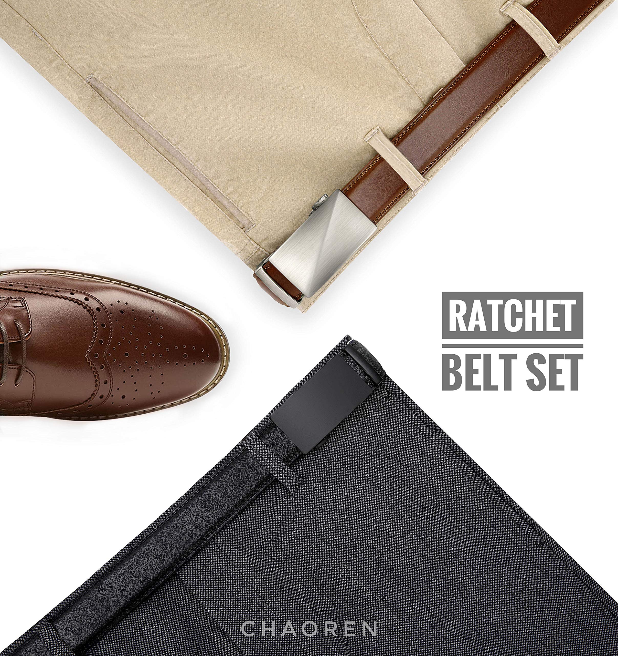 CHAOREN Leather Ratchet Belts 2 Pack, Ultra Soft Mens Dress Belt, Black & Brown Belt 1 3/8" in Gift Box, Effortlessly Stynish