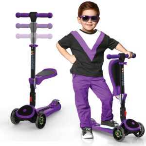 kick scooters for kids ages 3-5 (suitable for 2-12 year old) adjustable height foldable scooter removable seat, 3 led light wheels, rear brake, wide standing board, outdoor activities for boys/girls