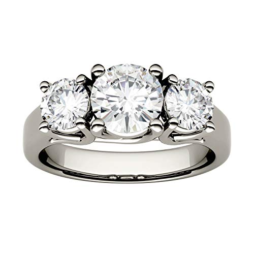 Charles & Colvard Created Moissanite 6.5mm Round Cut Three Stone Ring for Women | 2 cttw DEW | Lab Grown | Solid 14K White Gold with Rhodium | Size 8