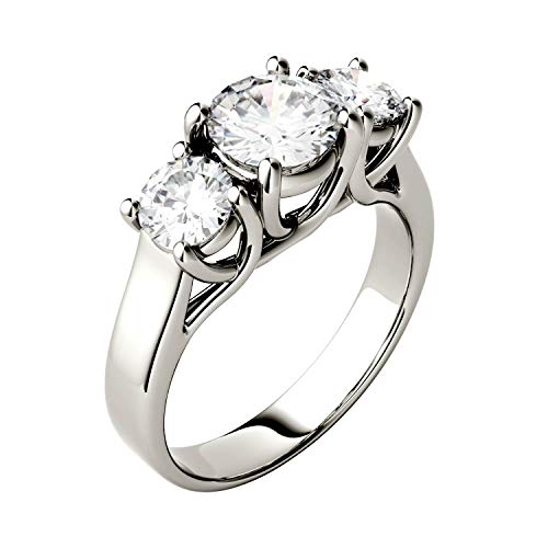 Charles & Colvard Created Moissanite 6.5mm Round Cut Three Stone Ring for Women | 2 cttw DEW | Lab Grown | Solid 14K White Gold with Rhodium | Size 8