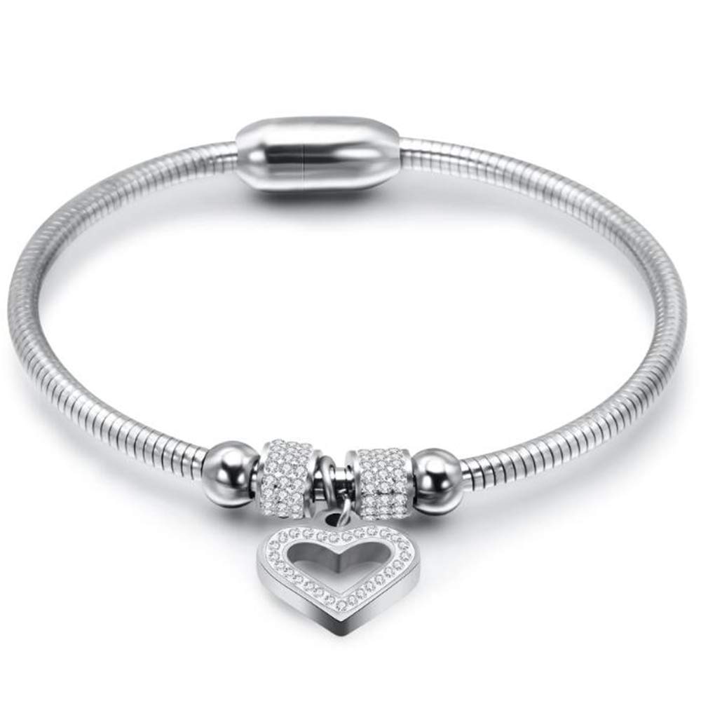 Jude Jewelers Stainless Steel Heart Charm Cubic Zircon Anniversary Valentine Bangle Bracelet (Silver)