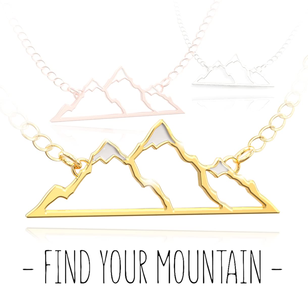 Happy Kisses Mountain Necklace for Women with Snow Top – Pendant Gift for Skiers, Hikers, Campers, Climbers and Nature Lovers – Silver, Rose Gold & Gold (Gold)