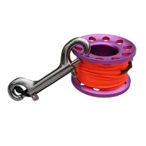 baosity multi purpose scuba diving dive reel, aluminum alloy finger spool attached with 15 visible line, dual ended bolt, purple