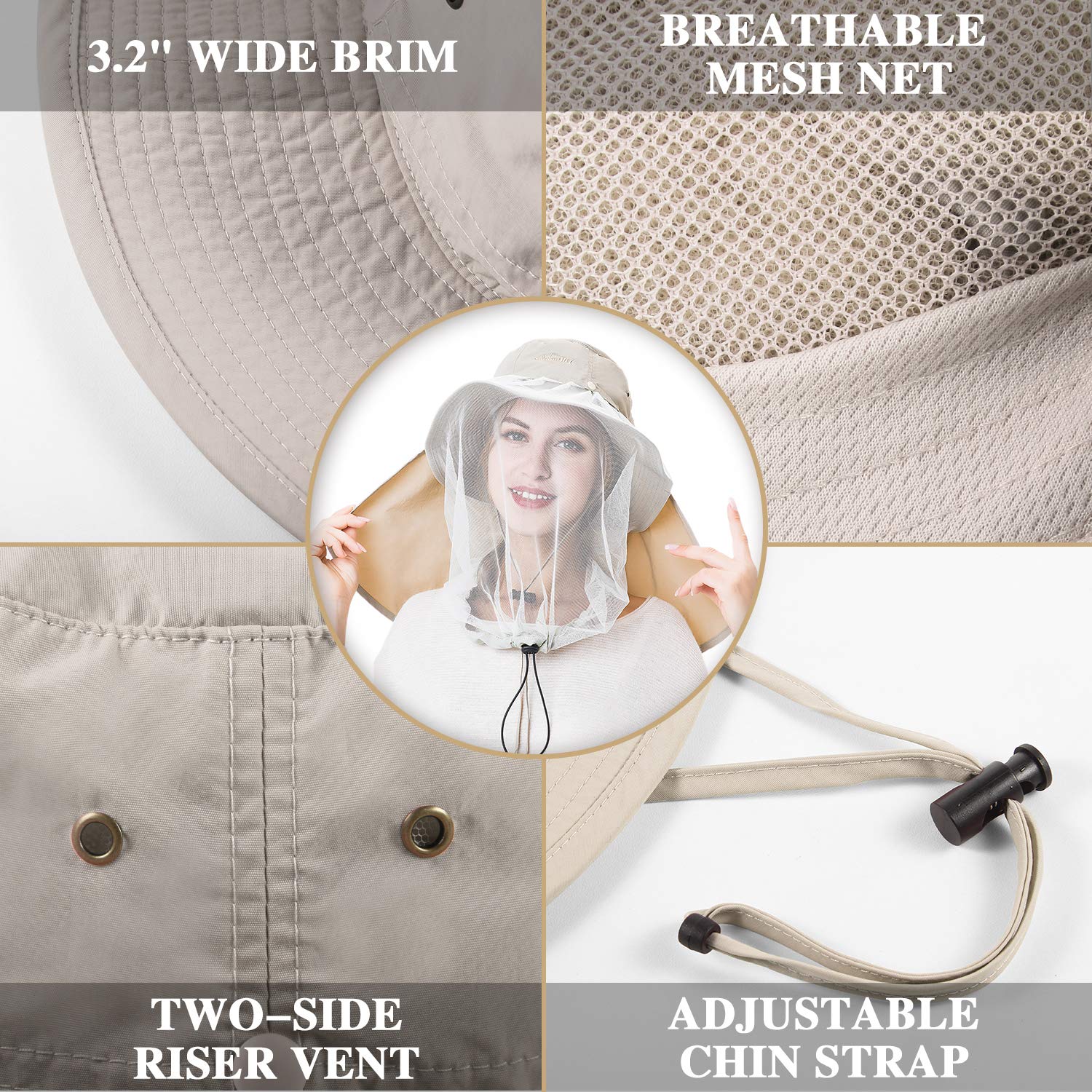 Palmyth Head Net Hat, Sun Hat Safari Hat Bucket Hat with Hidden Mesh Net Khaki