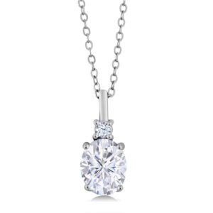 gem stone king 925 sterling silver white moissanite and white created sapphire pendant necklace for women (3.10 cttw, gemstone birthstone, oval 9x7mm, with 18 inch silver chain)