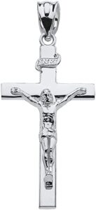 10k white gold catholic linear cross inri crucifix pendant charm - 1.60" (l)