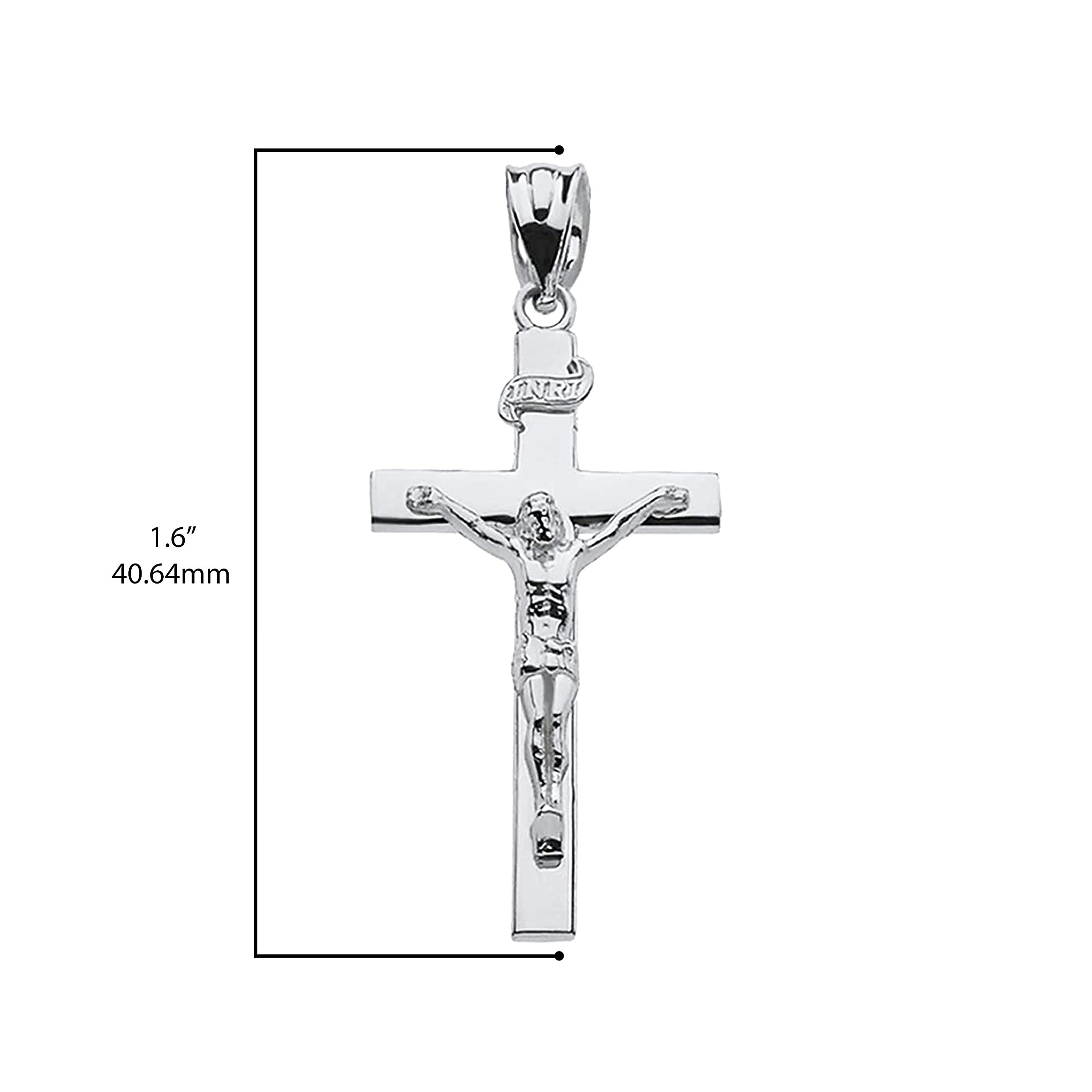 10K White Gold Catholic Linear Cross INRI Crucifix Pendant Charm - 1.60" (L)