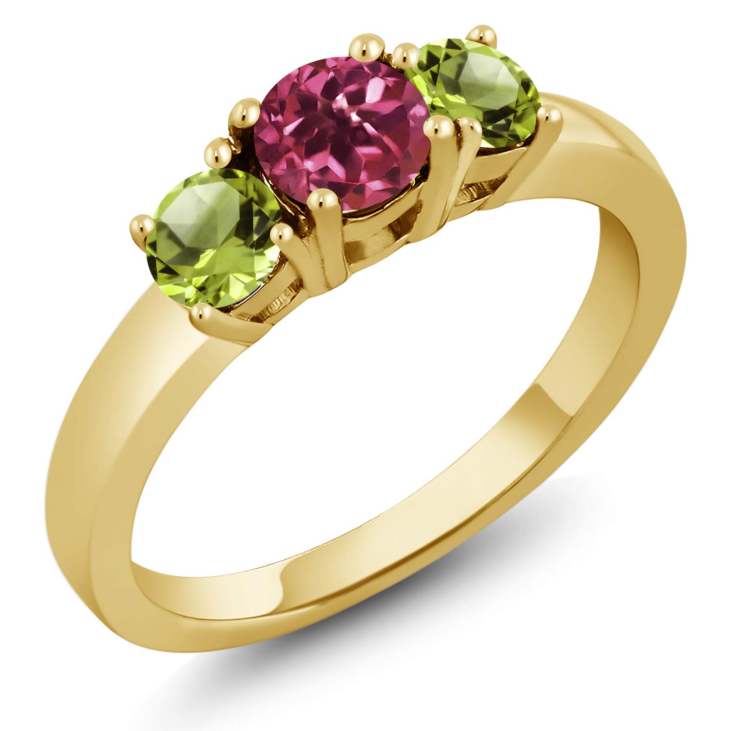 Gem Stone King 18K Yellow Gold Plated Silver Round Pink Tourmaline and Green Peridot Ring For Women (1.10 Cttw, Gemstone Birthstone, Available In Size 5, 6, 7, 8, 9)