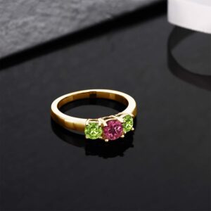 Gem Stone King 18K Yellow Gold Plated Silver Round Pink Tourmaline and Green Peridot Ring For Women (1.10 Cttw, Gemstone Birthstone, Available In Size 5, 6, 7, 8, 9)