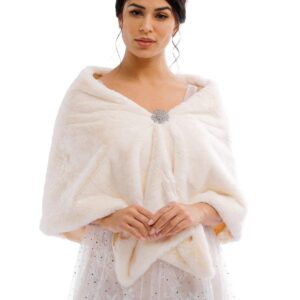 Jovono Women's Bride Wedding Faux Fur Shawl Wrap Bridal Fur Scarf Fur Wraps and Shawls for Women (Ivory)