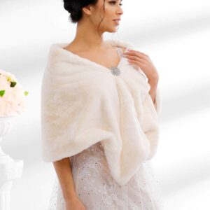 Jovono Women's Bride Wedding Faux Fur Shawl Wrap Bridal Fur Scarf Fur Wraps and Shawls for Women (Ivory)