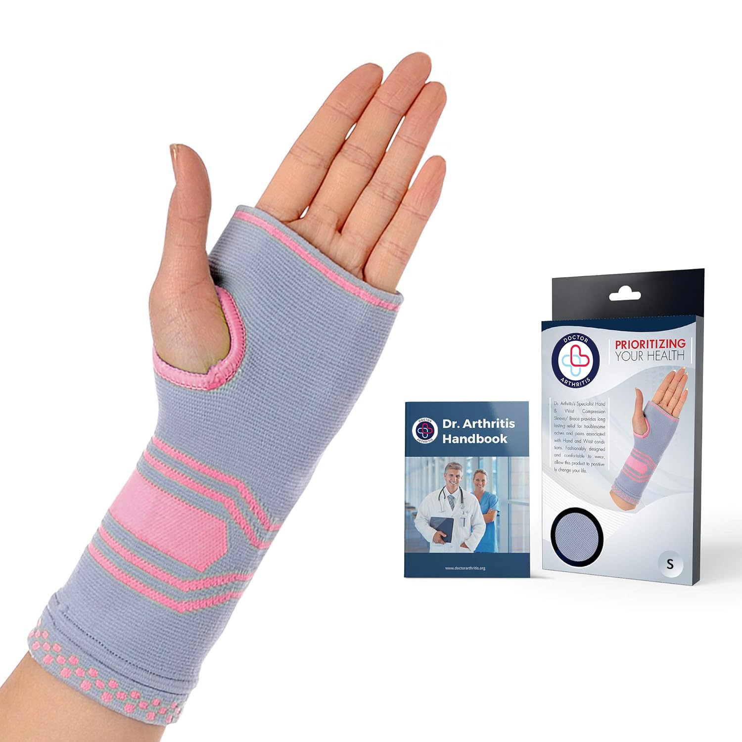 Dr. Arthritis Doctor Developed Wrist & Hand Compression Sleeve/Support/Brace, Palm Protector with Gel Pad, Optimum Comfort for Carpal Tunnel, RSI & More Pink/Grey, Small