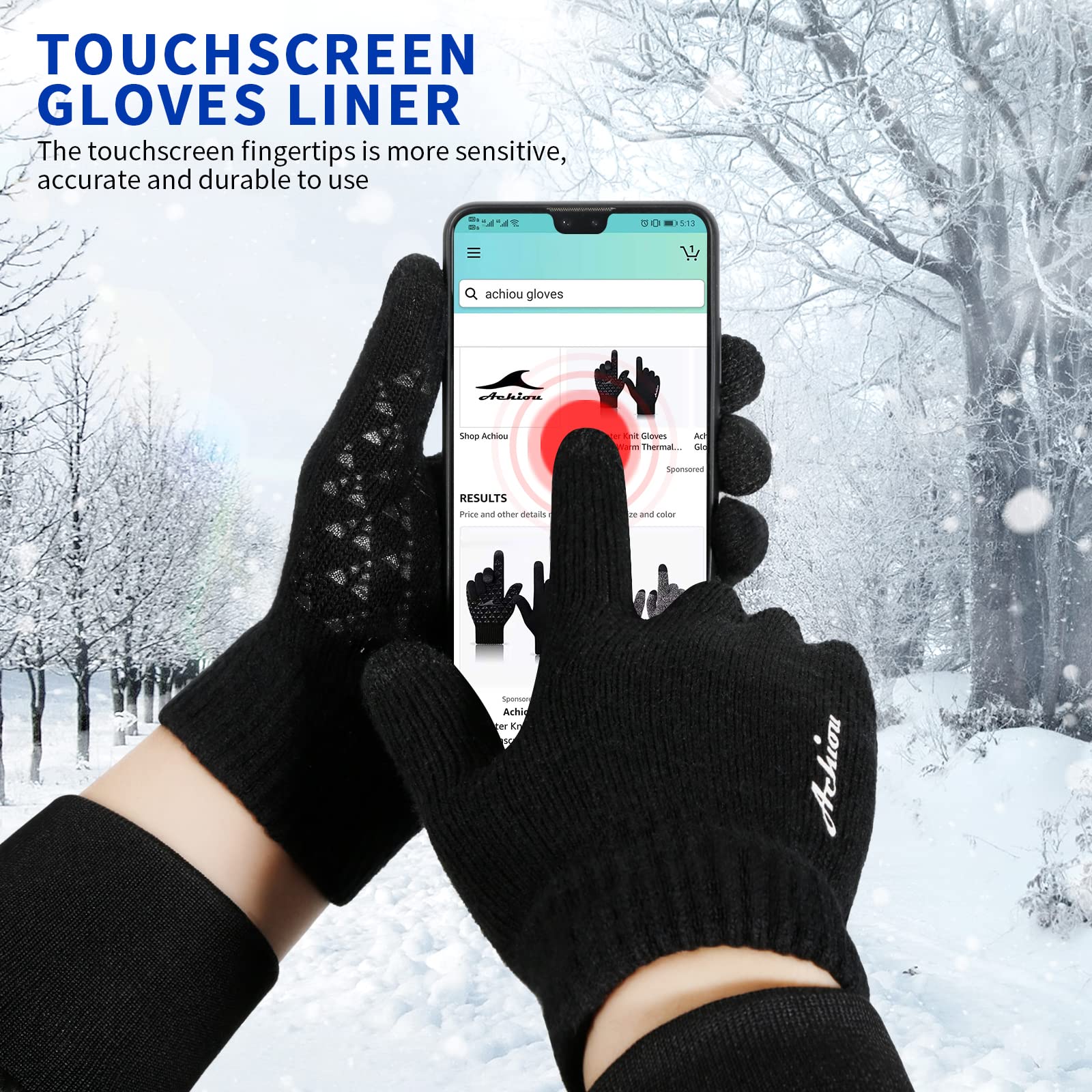 Achiou Winter Gloves for Men Women, Upgraded Thicken Touch Screen, Anti-Slip Silicone Gel, Thermal Soft Knit Lining