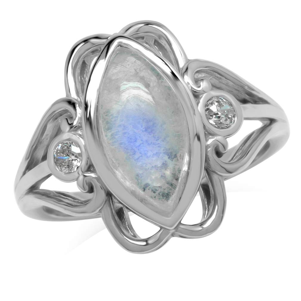 Silvershake 14X7mm Natural Marquise Shape Moonstone 925 Sterling Silver Victorian Swirl Style Ring Size 10