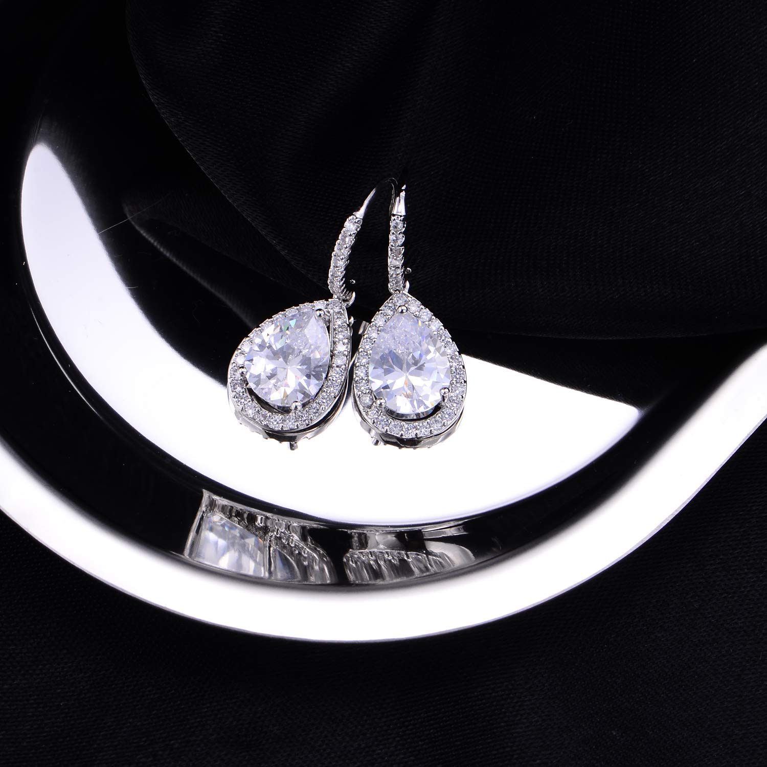 CZ Teardrop Earrings for Wedding - Sterling Silver Cubic Zirconia Crystal Rhinestone Drop Earrings Womens Bridal Jewelry for Bride Bridesmaids Mother of Bride Gift Party Prom Pageant Earring for Girls