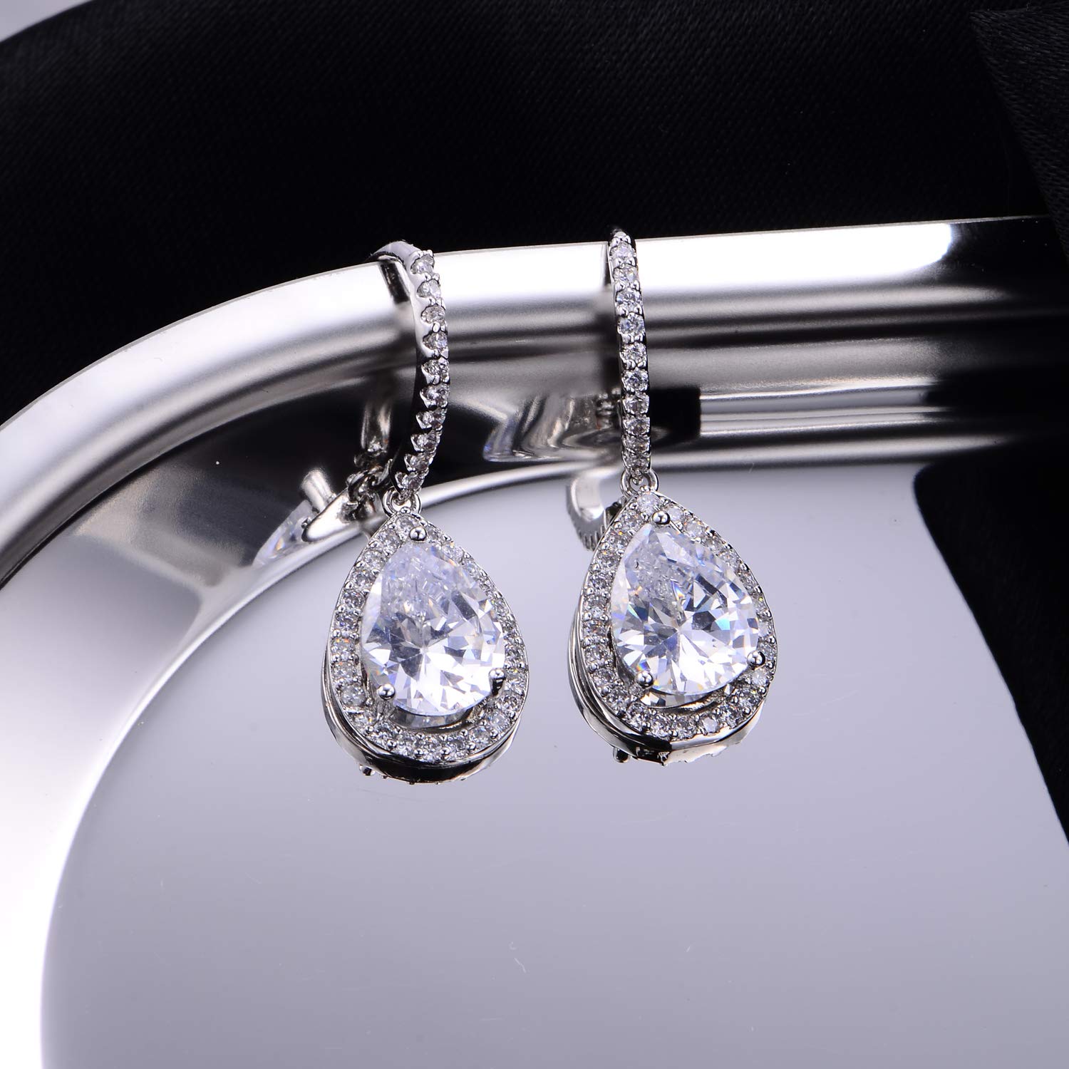 CZ Teardrop Earrings for Wedding - Sterling Silver Cubic Zirconia Crystal Rhinestone Drop Earrings Womens Bridal Jewelry for Bride Bridesmaids Mother of Bride Gift Party Prom Pageant Earring for Girls