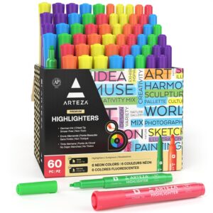 arteza highlighters assorted colors, set of 60, wide & narrow chisel tip pens