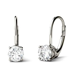 charles & colvard created moissanite 5mm round cut leverback drop earrings for women | 1 cttw dew | lab grown | solid 14k white gold with rhodium