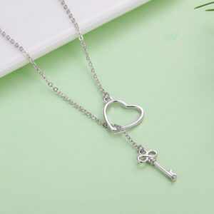 Presentski 925 Sterling Silver Y Lariat Necklace Chain Valentines Day Jewelry with Infinity Key Pendant,Love Heart Necklaces for Women Daughter