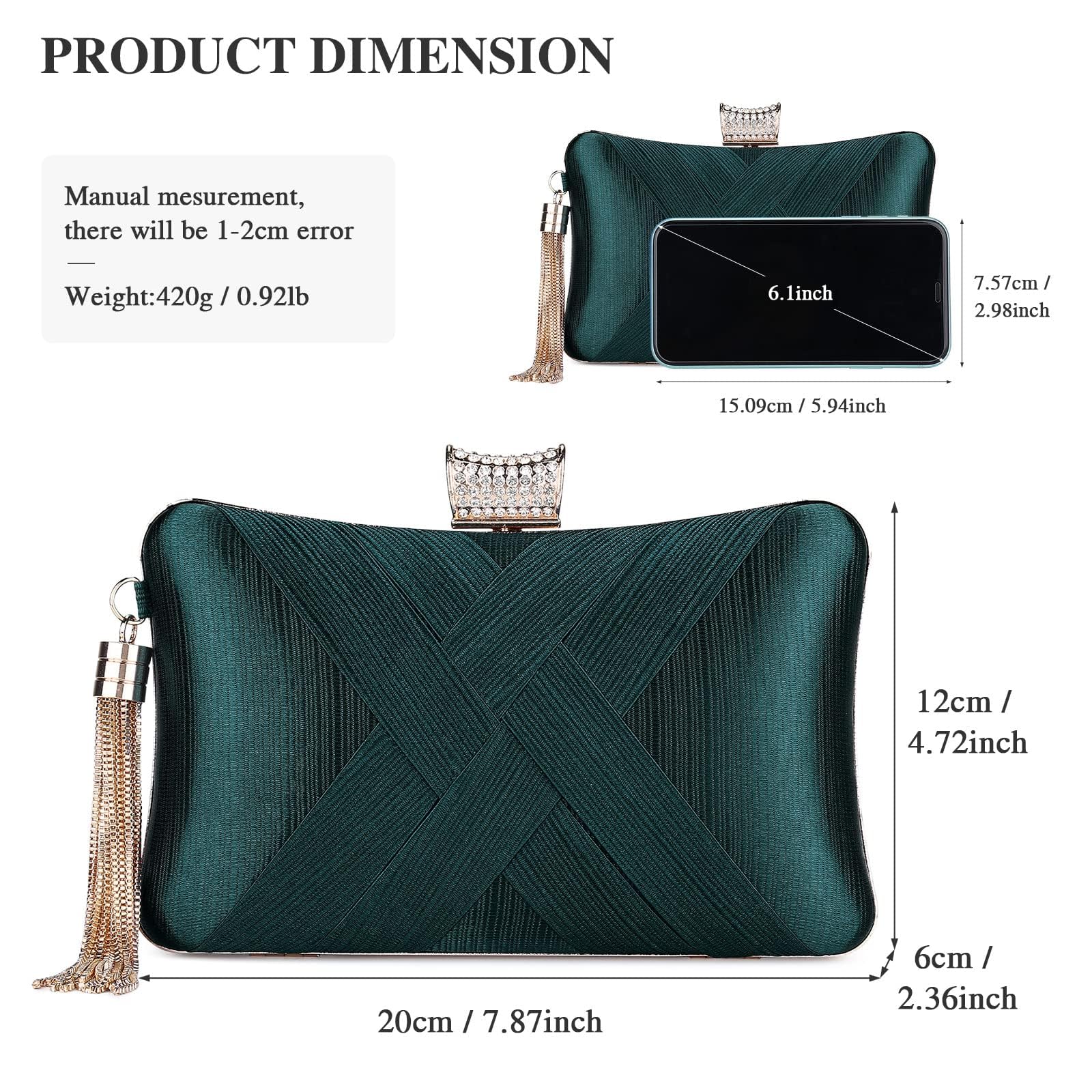 Tanpell Women's Evening Clutch Bags Silk Satin Party Handbags Bridal Wedding Purses with Tassel Pendant Green