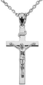 14k white gold inri crucifix catholic linear cross pendant necklace - 20" rolo chain