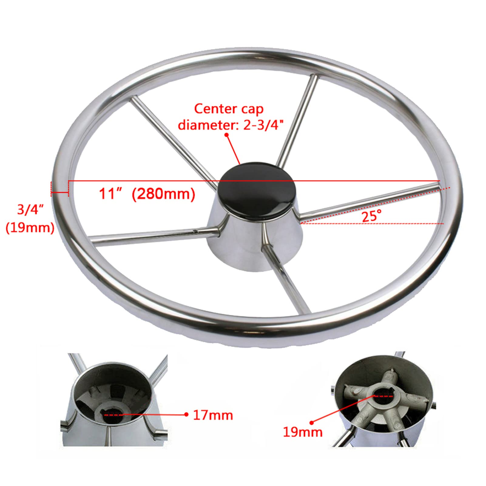 11 Inch Boat Stainless Steel Steering Wheel Destroyer Style Marine Steering Wheel 5 Spokes for Pontoon Boat Yacht