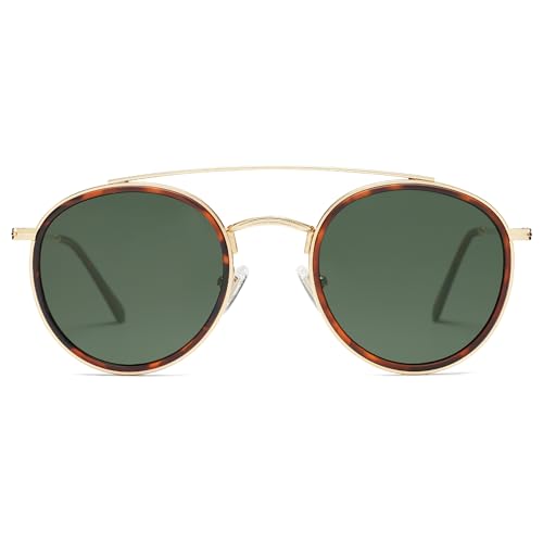 SOJOS Retro Round Double Bridge Polarized Sunglasses for Women Men Vintage Circle UV400 Sunnies SJ1104, Brown Tortoise/Green