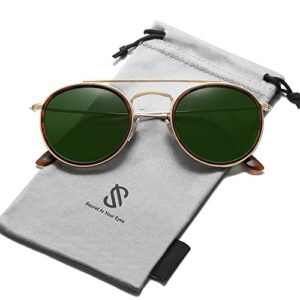 SOJOS Retro Round Double Bridge Polarized Sunglasses for Women Men Vintage Circle UV400 Sunnies SJ1104, Brown Tortoise/Green