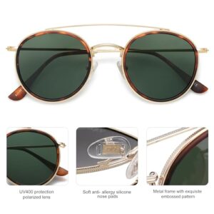 SOJOS Retro Round Double Bridge Polarized Sunglasses for Women Men Vintage Circle UV400 Sunnies SJ1104, Brown Tortoise/Green