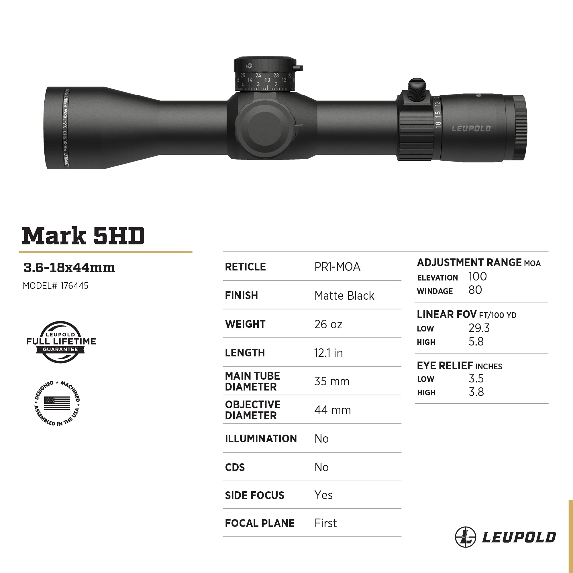 Leupold Mark 5HD 3.6-18x44mm M1C3 FFP Side Focus Riflescope, PR1-MOA Reticle